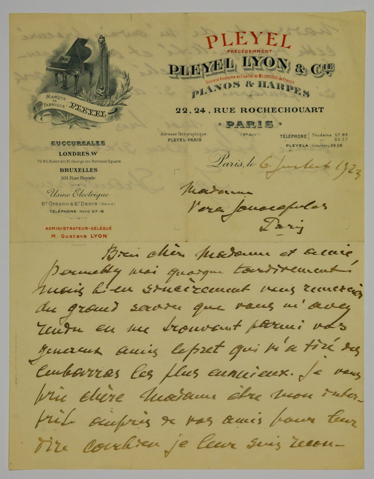 Igor Stravinsky Letter- 1923 - Schubert Club